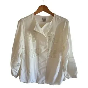 Chico's | Tops | Chicos White Lace Trim Button Front Blouse Mandarin ...